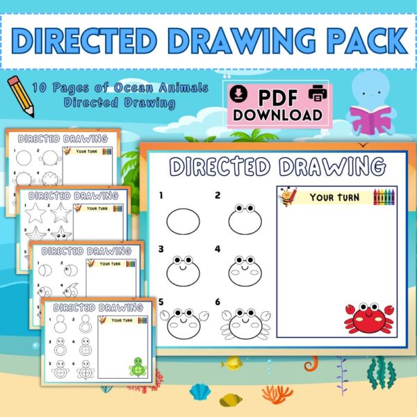 Ocean Animals Directed Drawings (9 Printable Pages) | Acrylic Painting ...